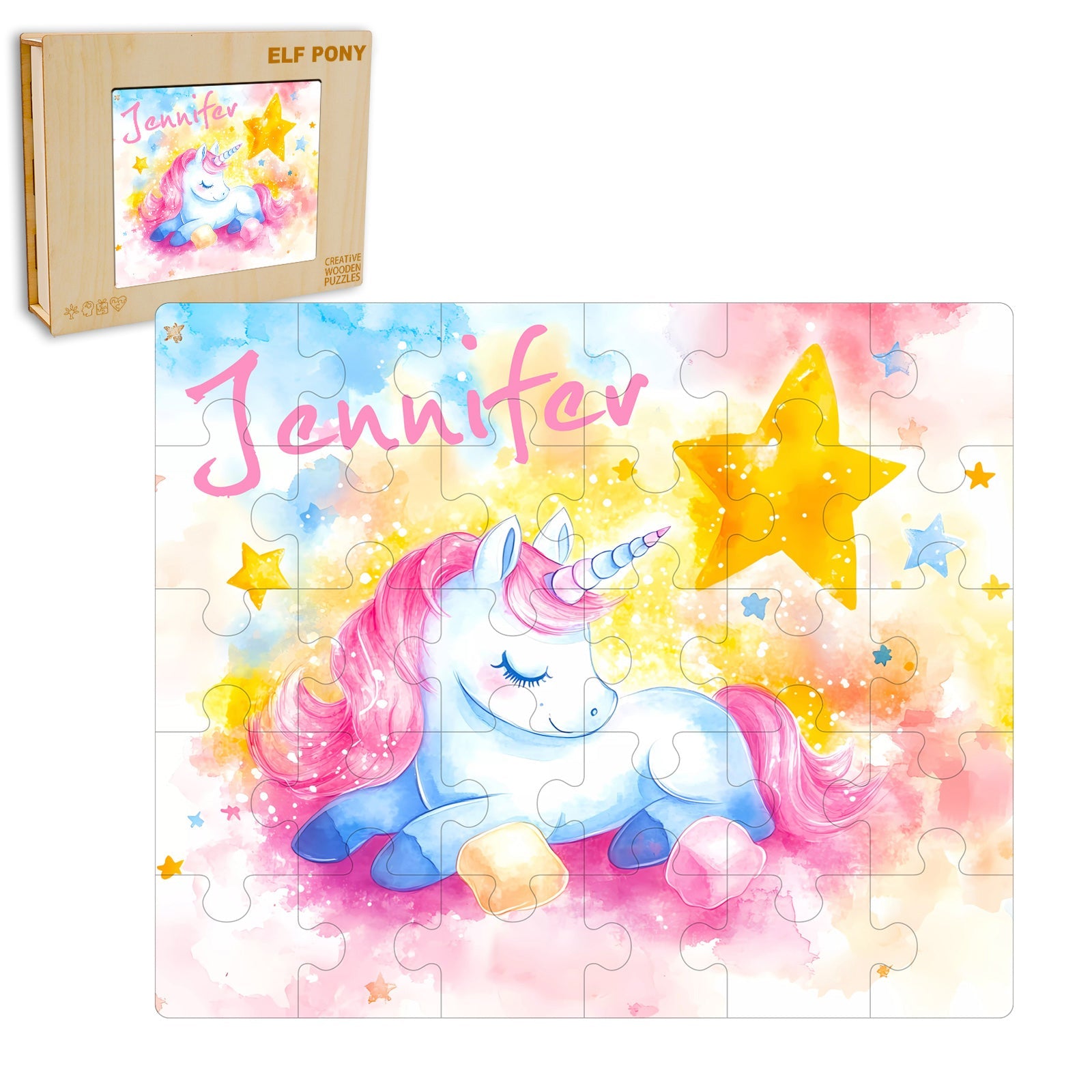 Personalized Wooden Baby Name Jigsaw Puzzle - Sleeping Unicorn – Woodemon